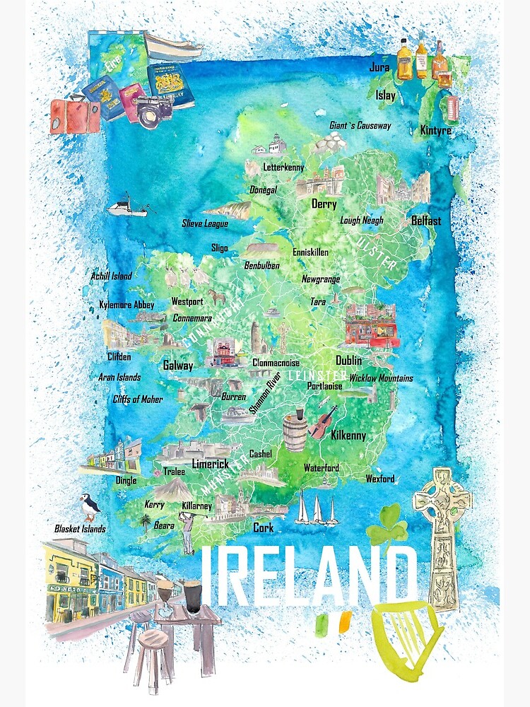 "Ireland Illustrated Travel Map with Roads and Highlights" Art Board ...