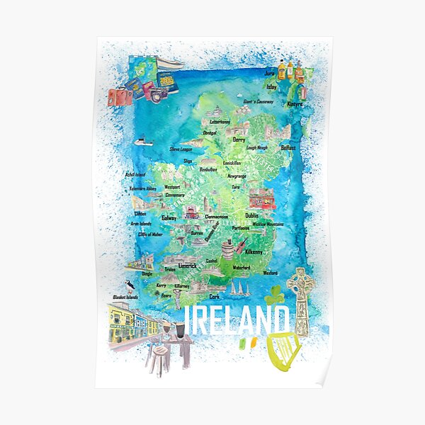 "Ireland Illustrated Travel Map with Roads and Highlights" Poster by ...