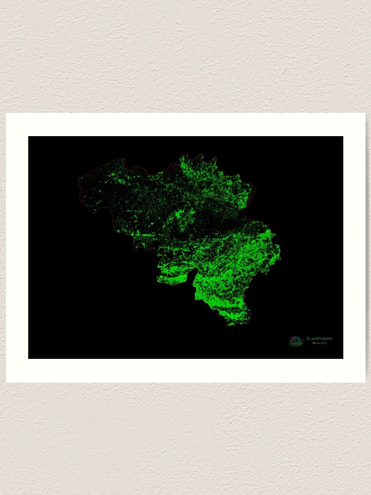 "Belgium Forest Cover Map with Black Background" Art Print by ...