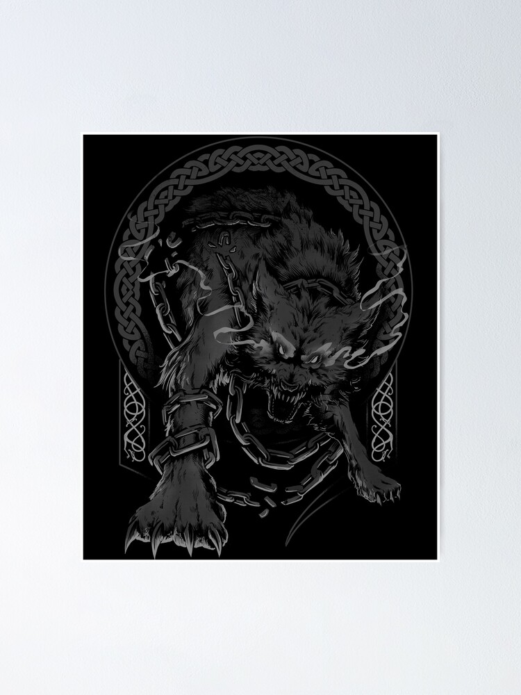 "Fenrir Wolf Norse Viking Mythology Ragnarok Knotwork Grey" Poster by ...