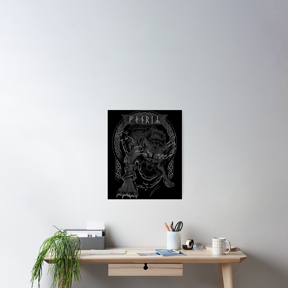 "Fenrir Wolf Norse Futhark Runes Viking Mythology Ragnarok Grey" Poster ...