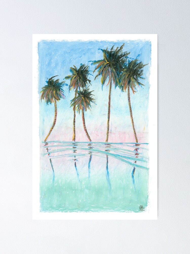 "Equilibrium - palm trees on water at sunset oil pastels art" Poster by ...