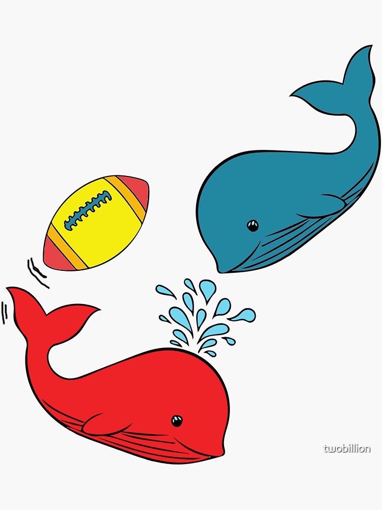 "Red Whale and Blue Whale playing rugby or football" Sticker for Sale ...