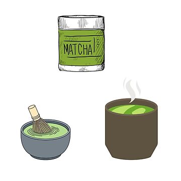 "Matcha sticker pack with powder. mixing bowl and a hot cup of matcha ...