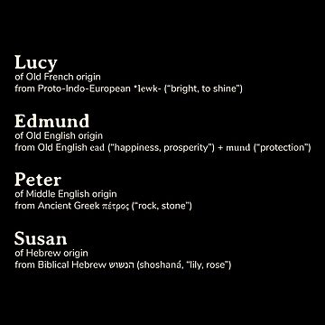 "Narnia Lucy, Edmund, Peter, Susan names etymology" Graphic T-Shirt ...