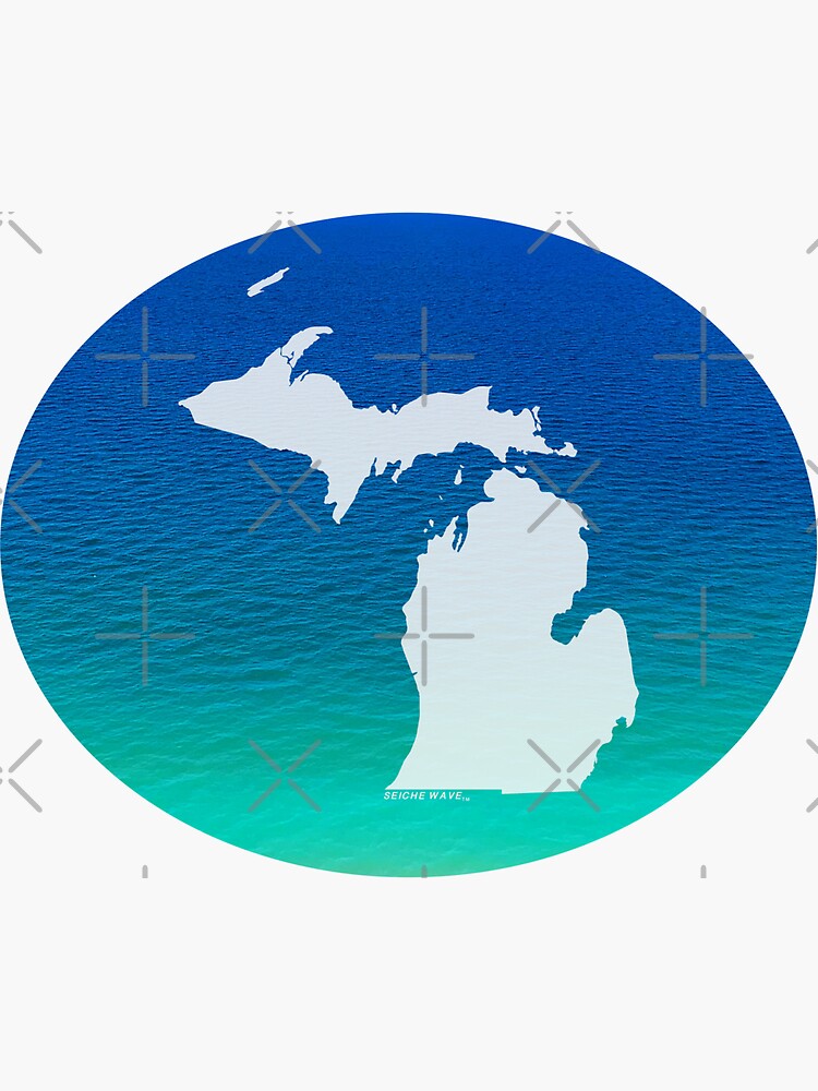 "Lake Michigan Blue & Turquoise (White State Silhouette) Oval" Sticker ...
