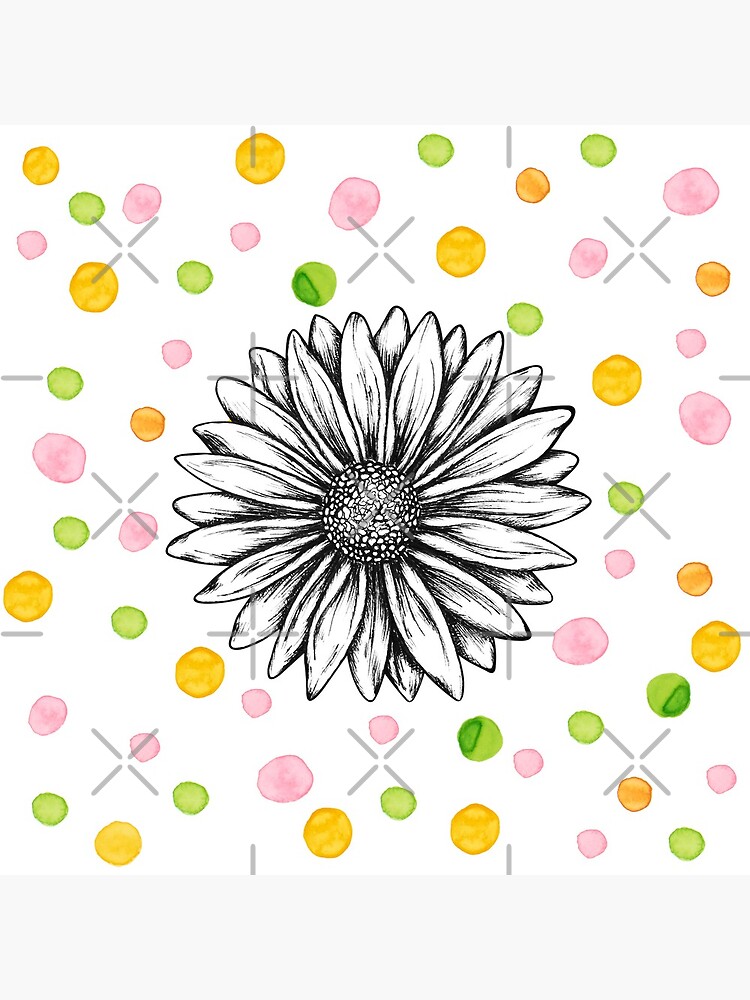 "Daisy Pen ink artwork surrounded by Green, yellow and pink watercolor ...