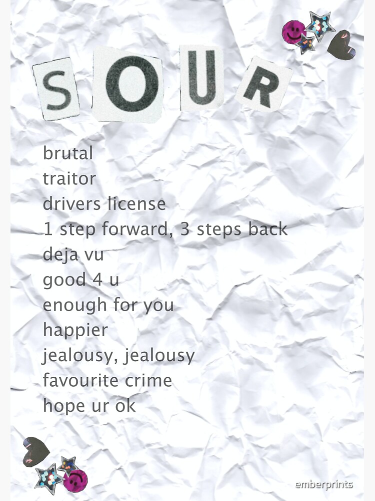 "Olivia Rodrigo Sour Tracklist " Sticker by emberprints | Redbubble
