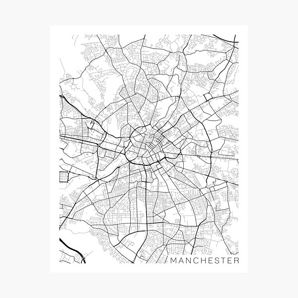 "Manchester Map, England - Black and White" Photographic Print by ...