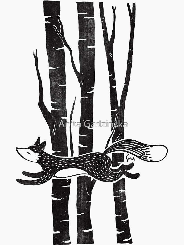 "Linocut Fox in a Forest" Sticker by anitagadzinska | Redbubble
