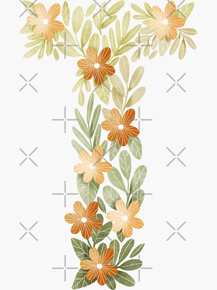 Pegatina «Letra T con flores naranjas y hojas verdes» de helga-wigandt ...