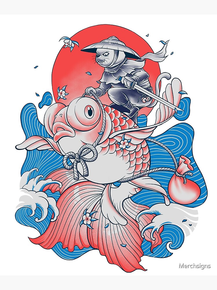 "The Goldfish and Samurai Cat" Poster for Sale by Merchsigns | Redbubble