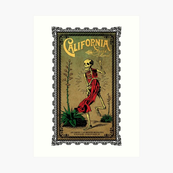 "California Legend Antique Mezcal Label with Skeleton Dancing Around ...