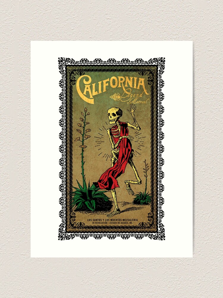 "California Legend Antique Mezcal Label with Skeleton Dancing Around ...