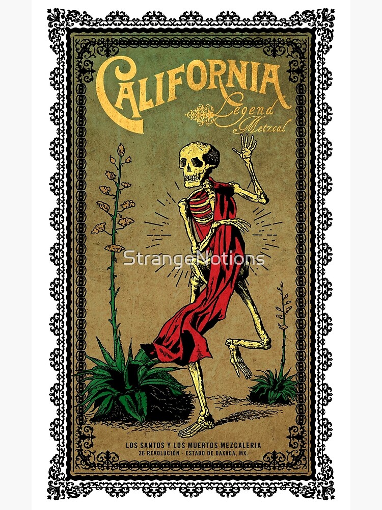 "California Legend Antique Mezcal Label with Skeleton Dancing Around ...