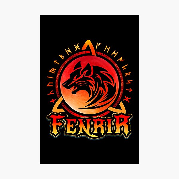 Lámina fotográfica «El hijo de Fenrir Loki, el lobo vikingo y la luna roja con runas nórdicas ...