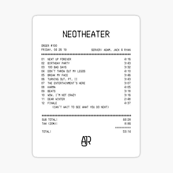 "Neotheater Receipt " Sticker for Sale by Emily-Mock | Redbubble