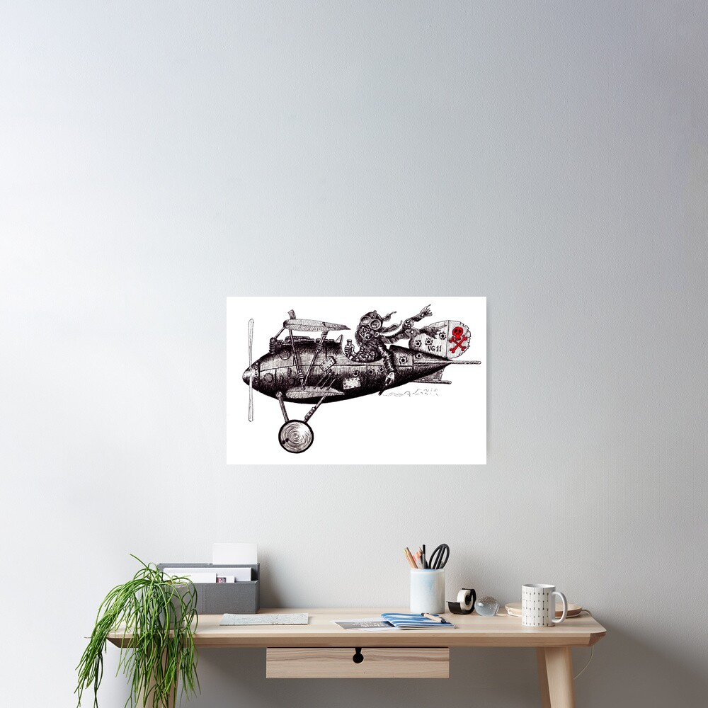 "Funny crazy pilot on vintage plane. Black and white pen ink drawing ...