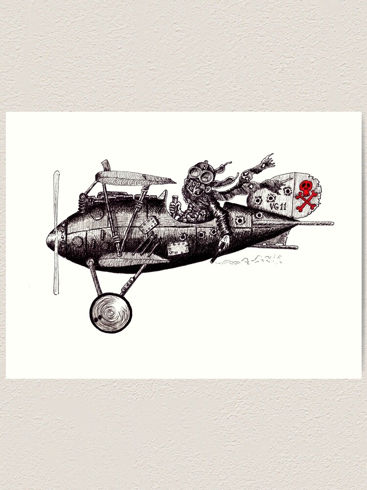 "Funny crazy pilot on vintage plane. Black and white pen ink drawing ...