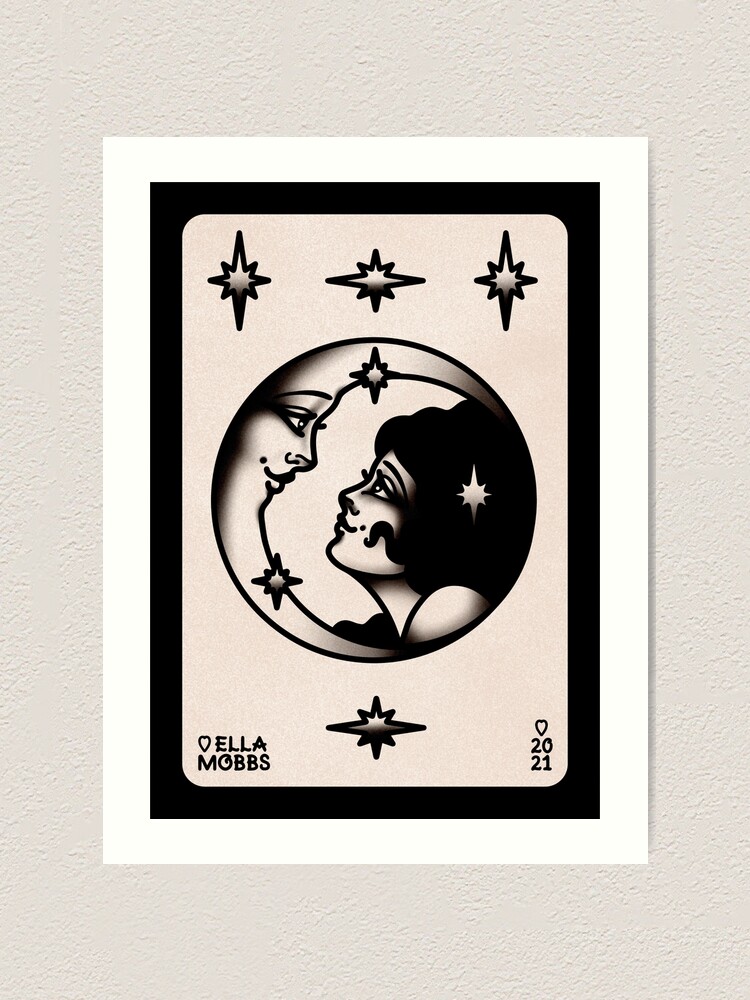 "Lady and Moon Love Classic Cute Traditional Tattoo Flash Style Print ...