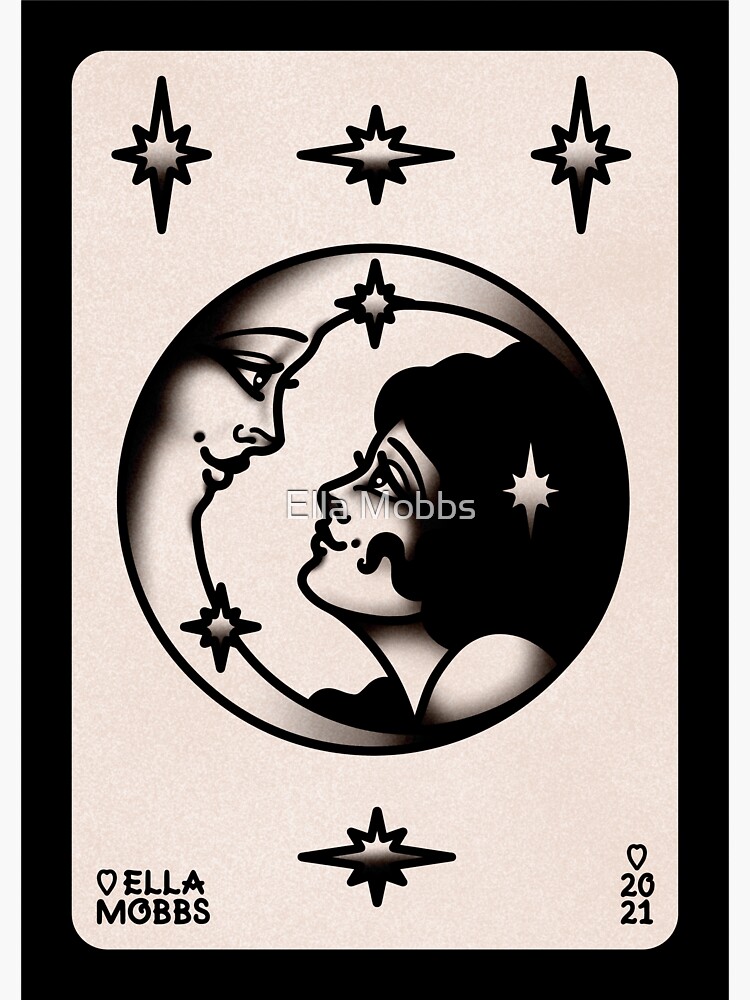 "Lady and Moon Love Classic Cute Traditional Tattoo Flash Style Print ...