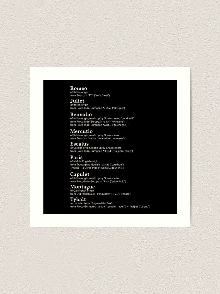 "Romeo and Juliet William Shakespeare names etymology" Art Print for ...