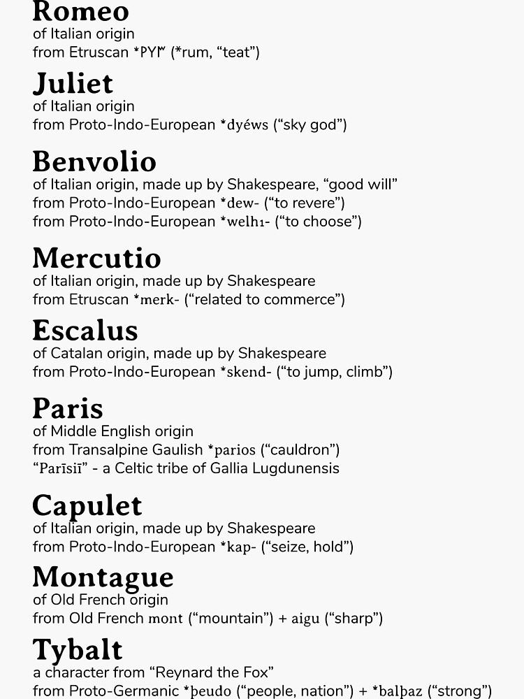 "Romeo and Juliet William Shakespeare names etymology" Sticker for Sale ...