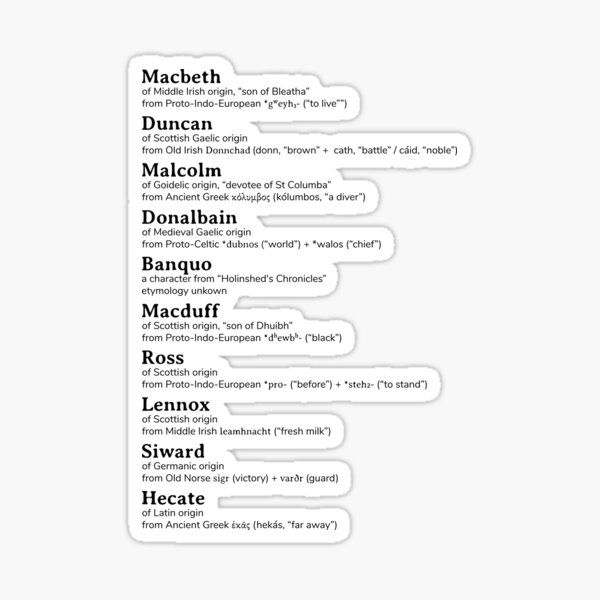 "Macbeth William Shakespeare names etymology" Sticker for Sale by ...