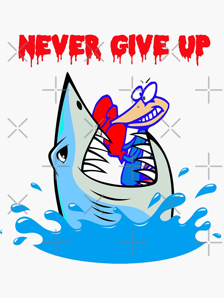 Pegatina «No rendirse nunca. Dibujos animados, tiburones peleando con ...