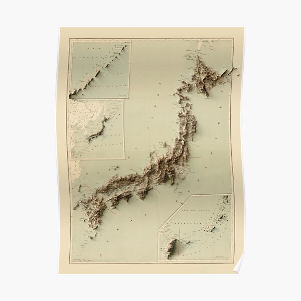 "1898 Map of Japan 3D digitally-rendered" Poster for Sale by ...