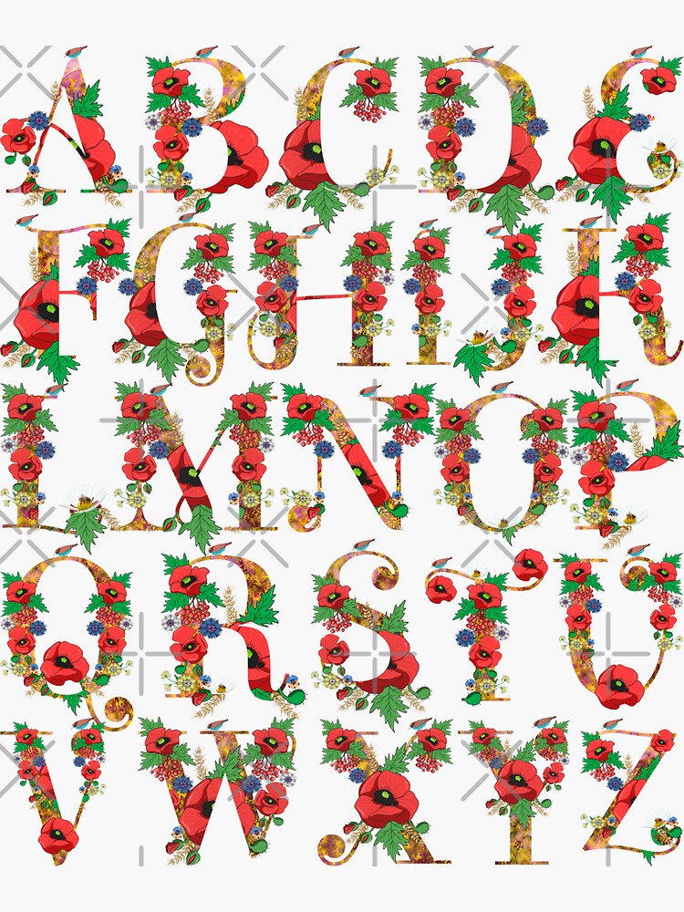 "Floral Alphabet Letters - Cute Poppy Flowers English Alphabet" Sticker ...