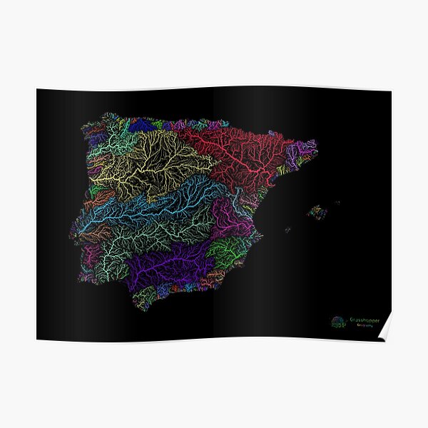 "Iberia River Basin Map in Rainbow Colours with Black Background ...