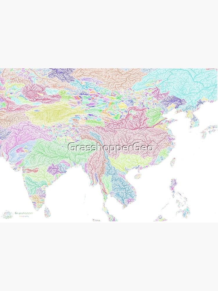 "India and China River Basin Map in Rainbow Colours with White ...