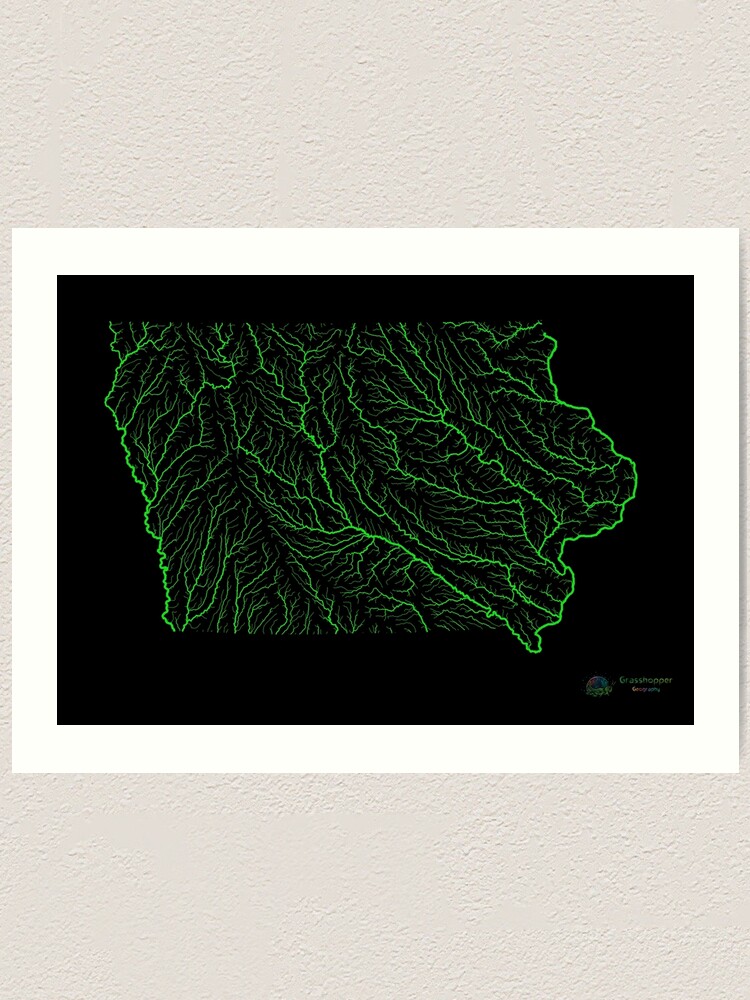 "Iowa River Basin Map in Rainbow Colours with Black Background" Art ...