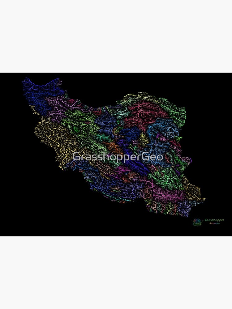 "Iran River Basin Map in Rainbow Colours with Black Background" Poster ...