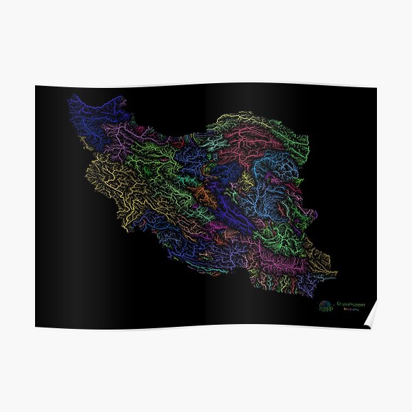 "Iran River Basin Map in Rainbow Colours with Black Background" Poster ...
