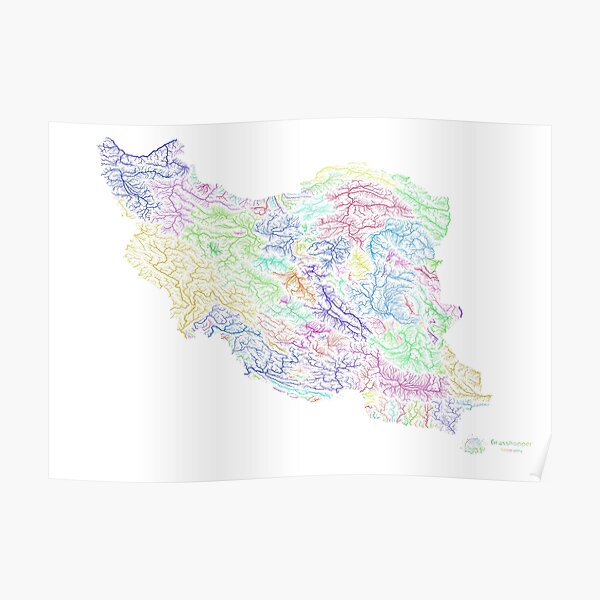 "Iran River Basin Map in Rainbow Colours with White Background" Poster ...