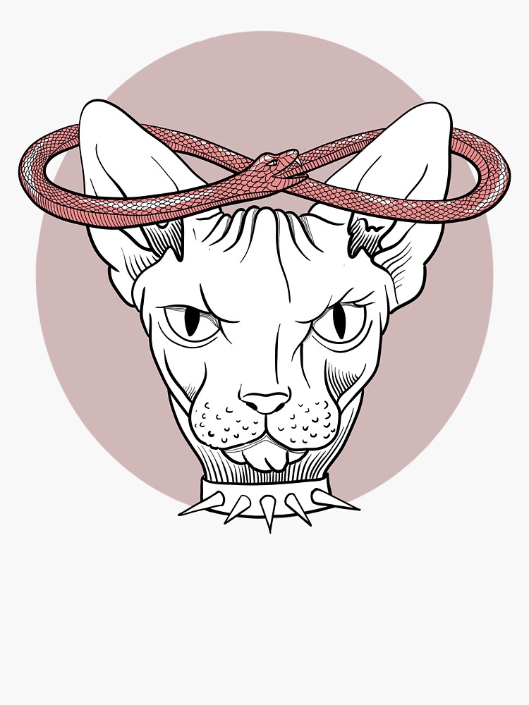 "angry sphinx cat with infinity red snake halo one colour illustration ...