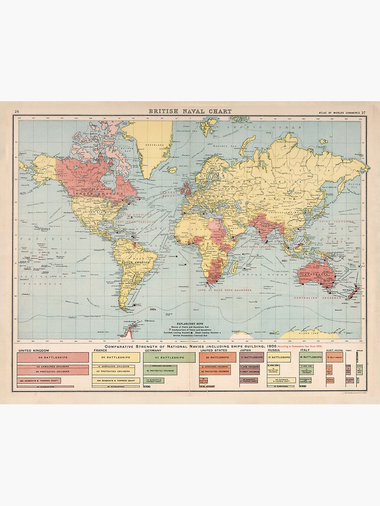 "Old British Empire Naval Warship Map (1907) Vintage English Navy World ...