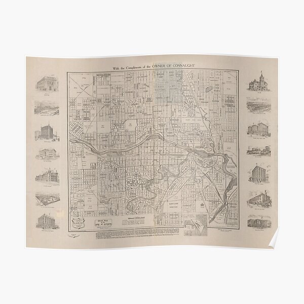 "Old Calgary Canada Map (1913) Vintage Canadian City Atlas " Poster by ...