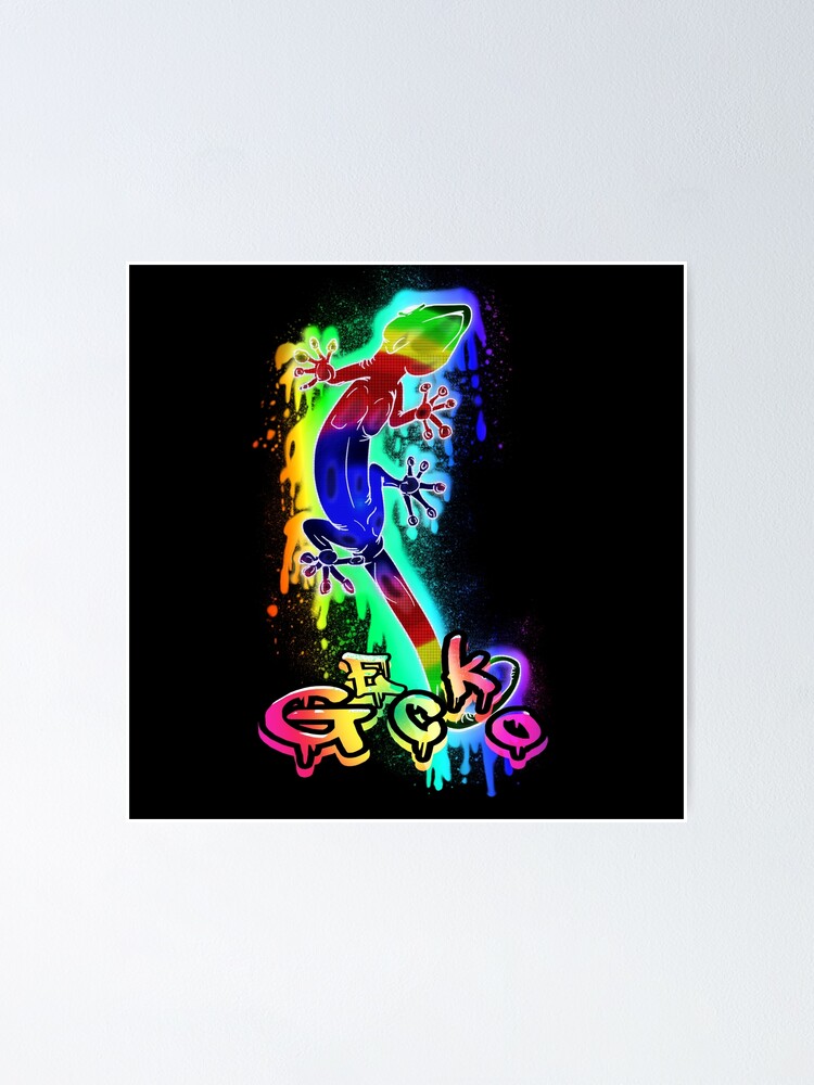 "Rainbow Graffiti Style Gecko on a dripping rainbow ink splat with text ...