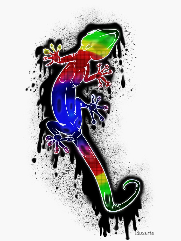 Pegatina «Rainbow Graffiti Style Gecko sobre un símbolo de tinta negra ...