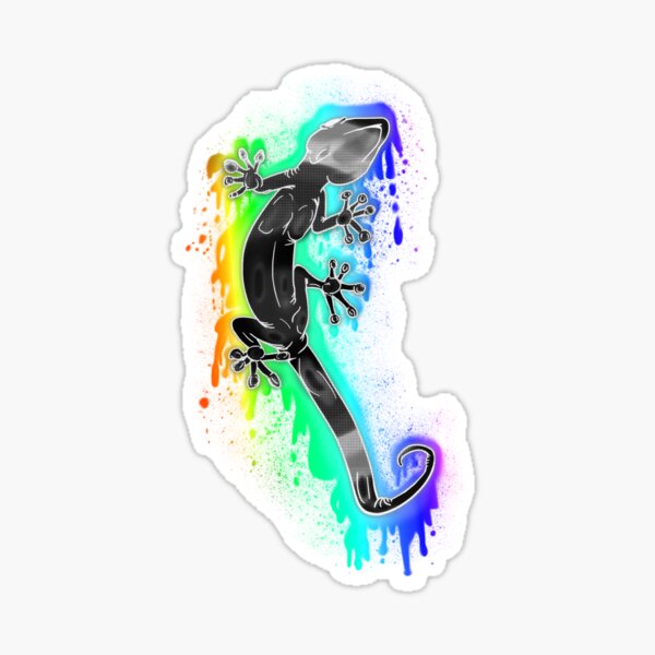 "Black Graffiti Style Gecko on a dripping rainbow ink splat" Sticker ...