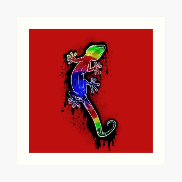 "Rainbow Graffiti Style Gecko on a dripping black ink splat" Art Print ...