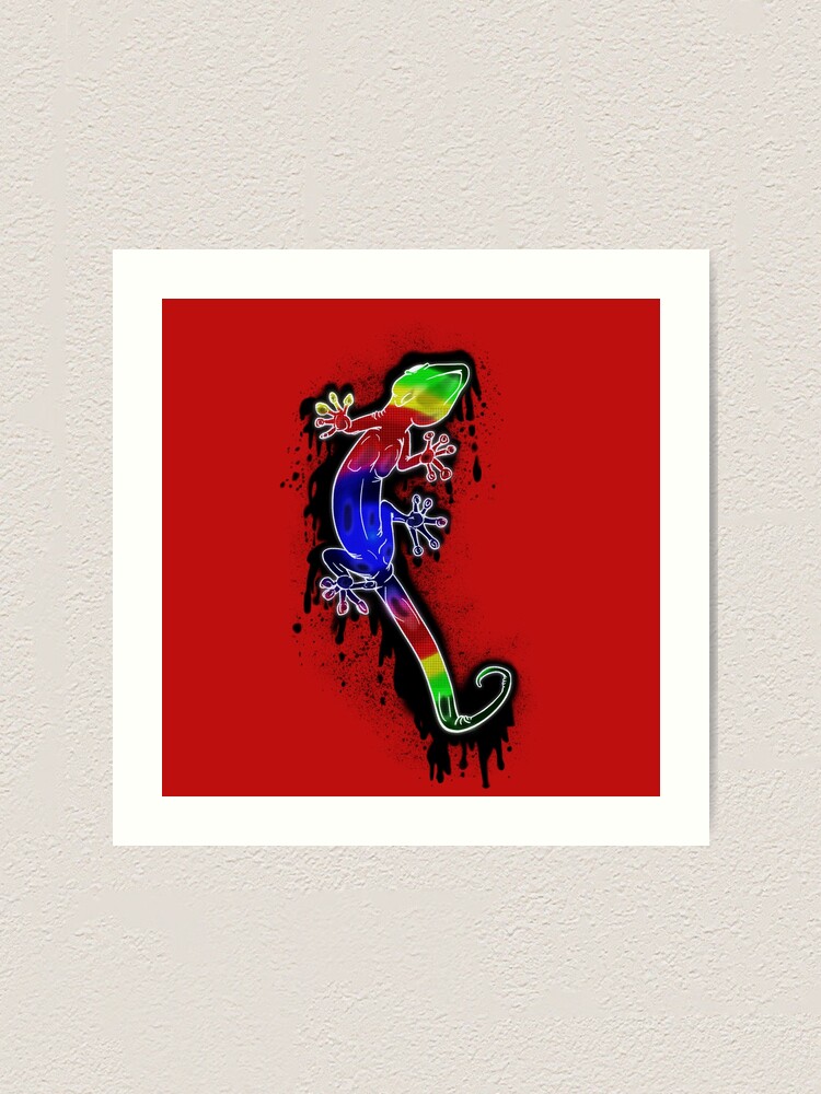 "Rainbow Graffiti Style Gecko on a dripping black ink splat" Art Print ...