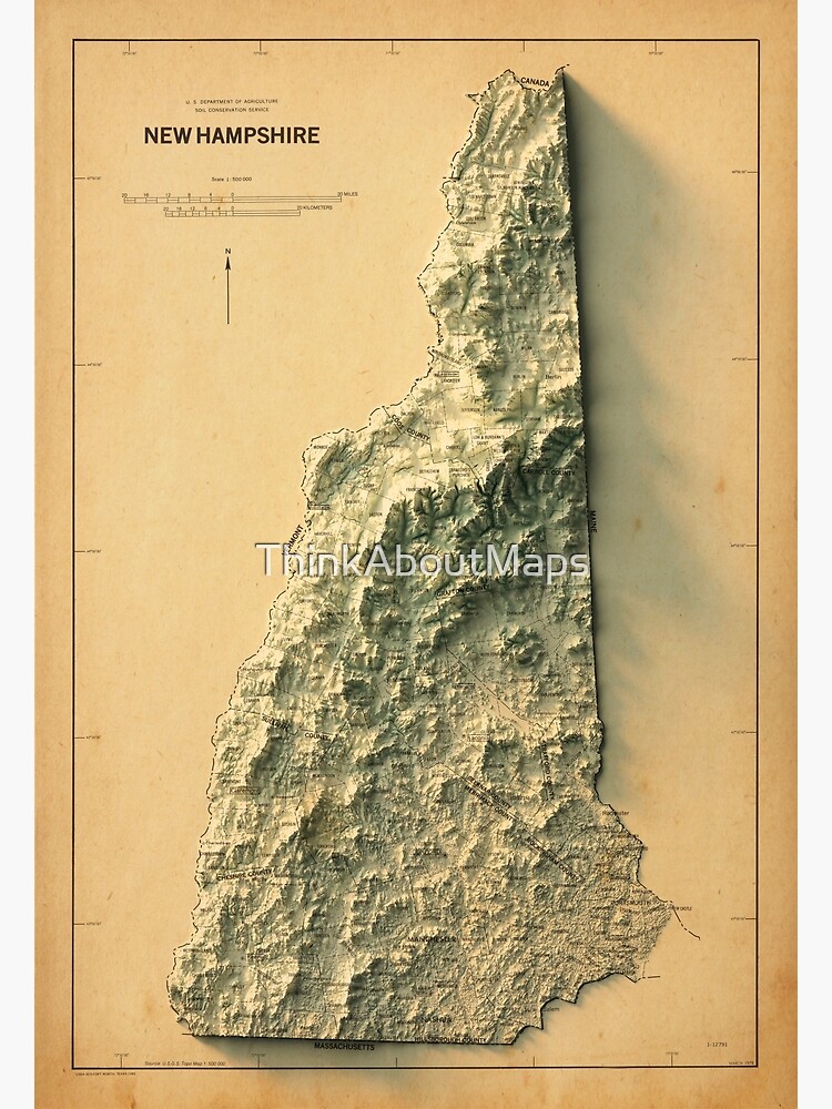 1935 New Hampshire Relief Map 3D Digitally-rendered Premium Matte ...
