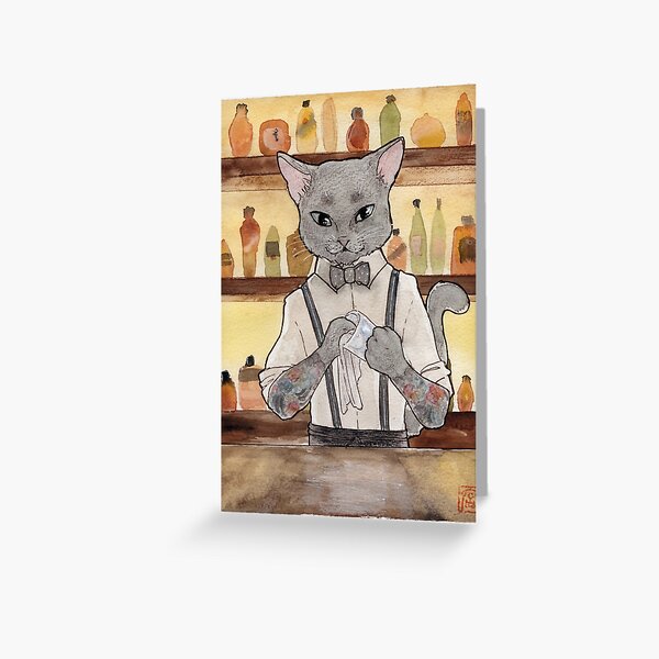 "Bartender Cat Takeshi" Greeting Card by aMIYAKOm | Redbubble