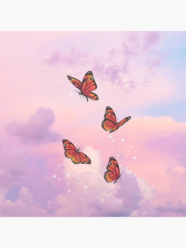"Retro 90s Flying Butterflies With Sky Blue, Pink And Purple Sunset ...