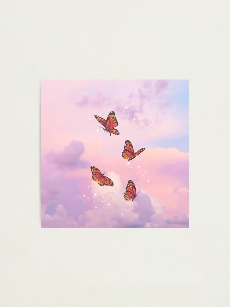 "Retro 90s Flying Butterflies With Sky Blue, Pink And Purple Sunset ...
