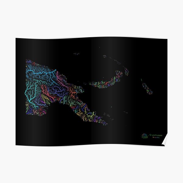 "Papua New Guinea River Basin Map in Rainbow Colours with Black ...
